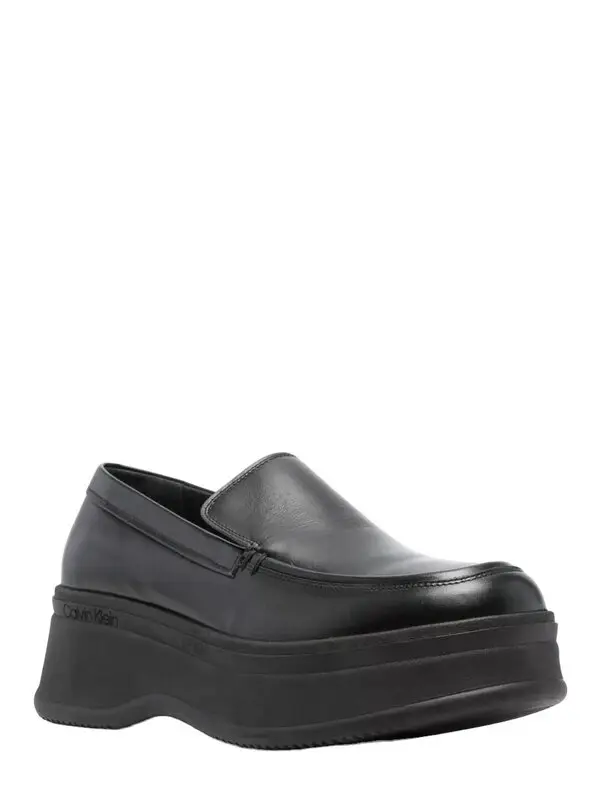Calvin Klein Round Toe Leather Platform Loafers - Black