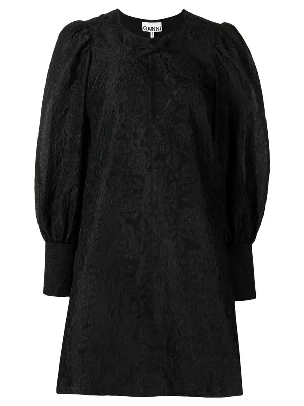 GANNI Jacquard Organza Puff Sleeve Mini Dress - Black