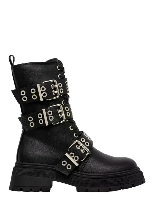 TWINSET Leather Buckled Lace-up Boots - Black