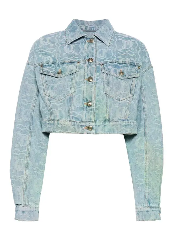 Just Cavalli Logo Jacquard Cropped Denim Jacket - Blue