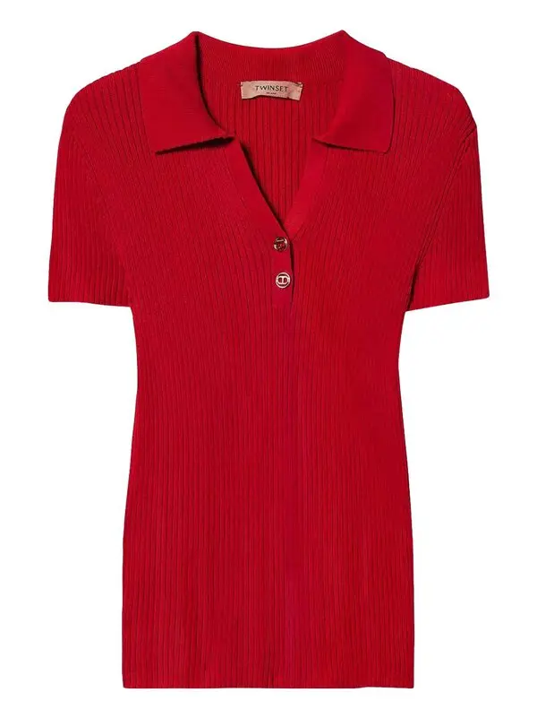 TWINSET Ribbed Polo Top With Gold-tone Buttons - Red