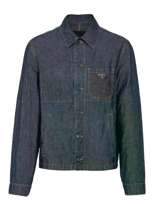 Prada Cotton Chambray Shirt Jacket With Enamel Triangle Logo - Blue