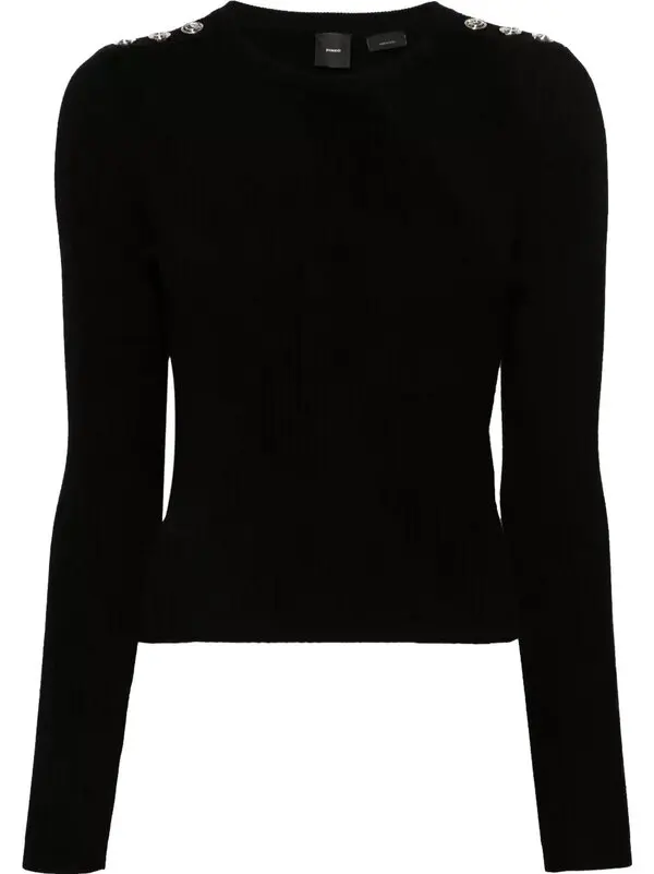 Pinko Ribbed Wool Blend Sweater With Love Birds-embossed Studs - Black