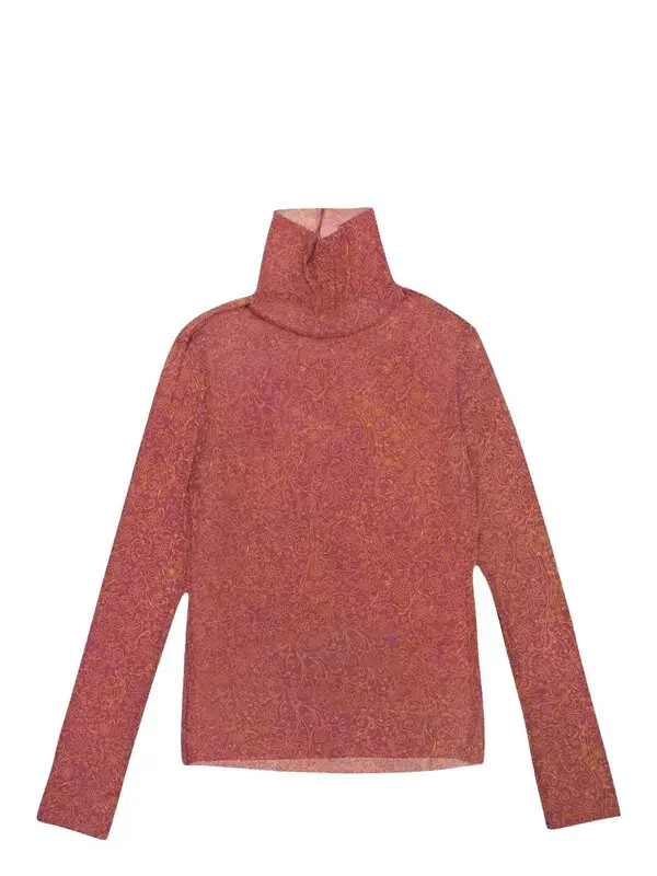 Callipygian Mesh Paisley Print Turtleneck Top - Red