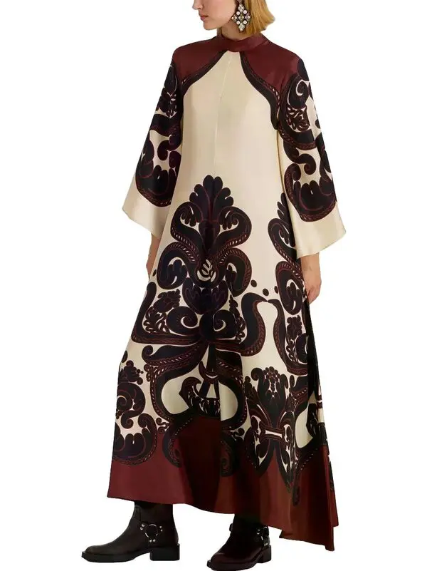 La DoubleJ Magnifico Silk Dress With Baroque Print And Bell Sleeves - Neutrals