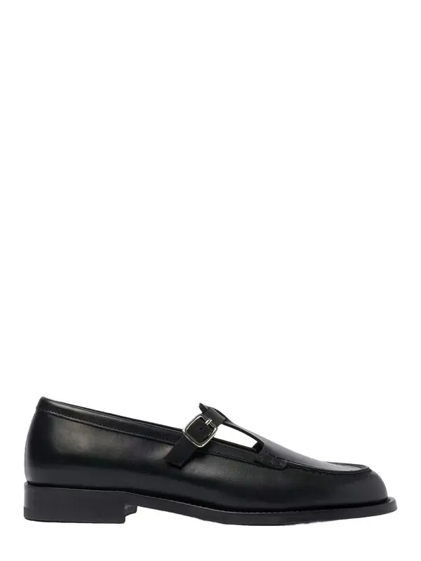 SCAROSSO Leather Loafers With Side Buckle Fastening T-bar Strap - Black