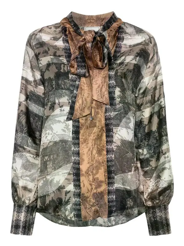 PIERRE-LOUIS MASCIA Silk Printed Tie Neck Shirt - Neutrals