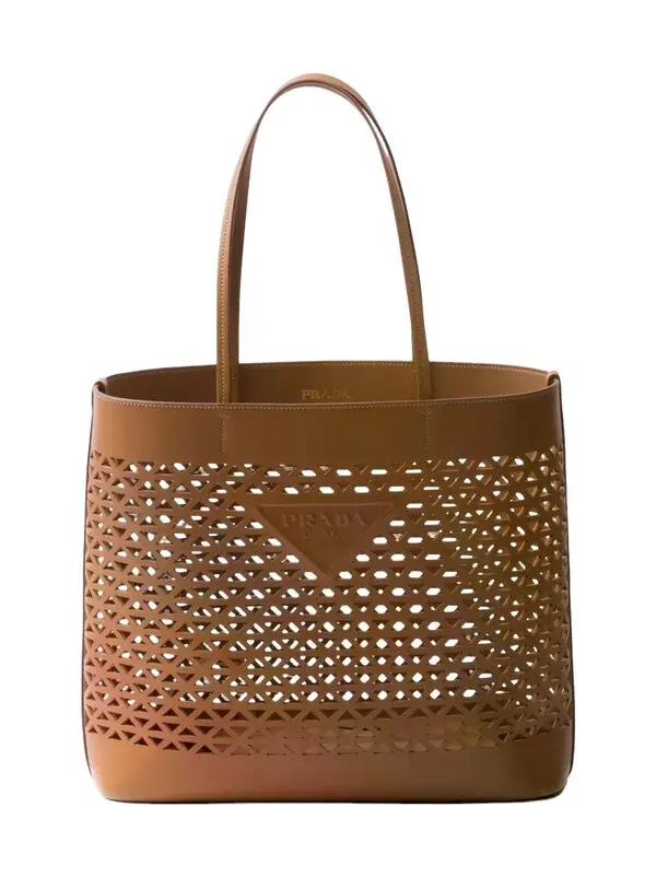 Prada Logo Perforated Leather Tote Bag - Brown