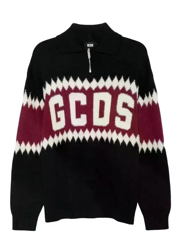 Gcds Logo Intarsia Zip-up Sweater - Black