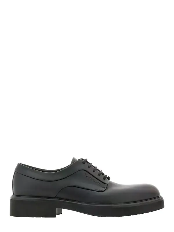 FERRAGAMO Logo Debossed Calf Leather Derby Shoes - Black