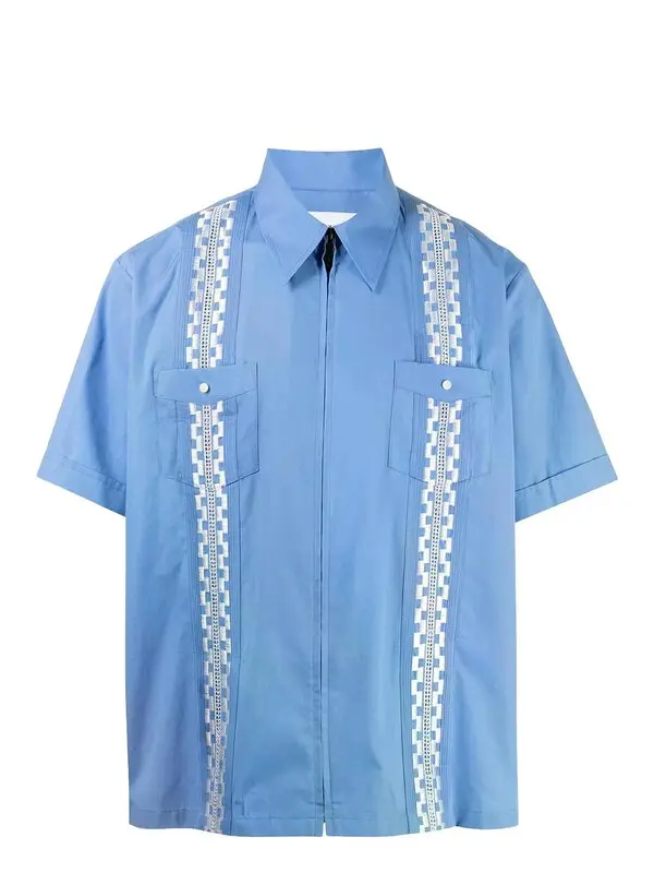 PORTS V Geometric Band Cotton Shirt - Blue