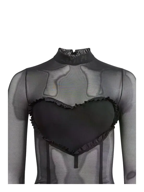 FLEUR DU MAL Mesh Ruffle Heart Bodysuit - Black