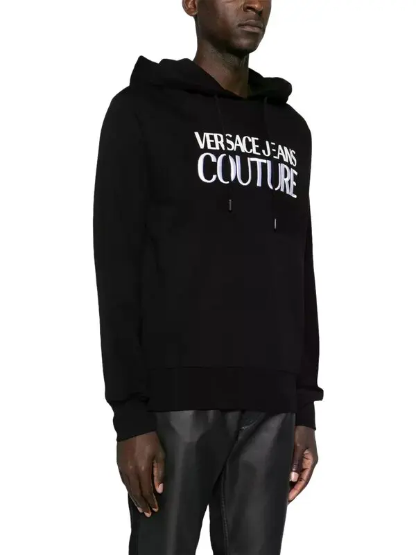 Versace Logo Embroidered Cotton Hoodie - Black