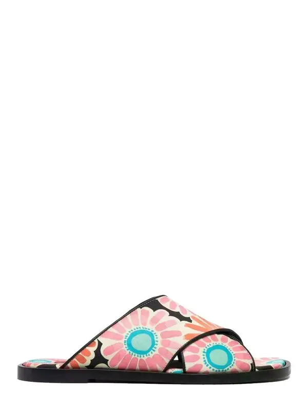 La DoubleJ Daisy-print Criss-cross Flat Sandals - Black