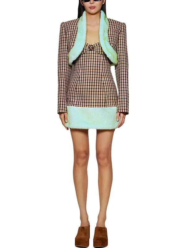 AREA Check-print Bandeau Minidress With Crystal Embellishment And Faux-fur Trim - Brown