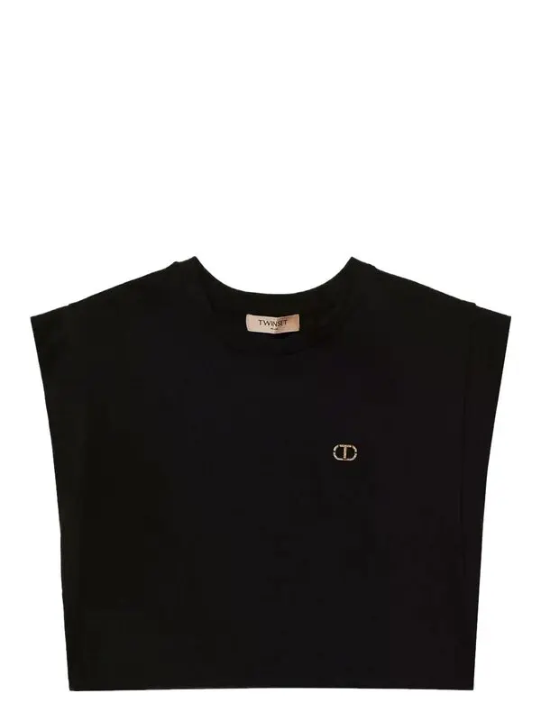 TWINSET Cropped Crewneck T-shirt With Embroidered Logo - Black