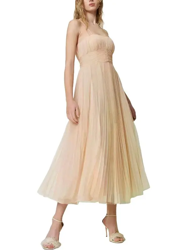 TWINSET Pleated Tulle Midi Dress - Neutrals