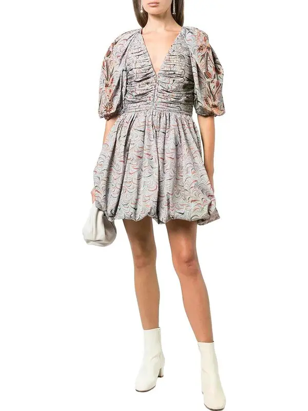 Ulla Johnson Marbled Puff-sleeve Ruched Dress - Grey