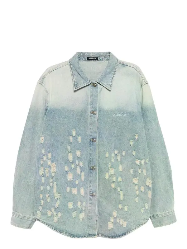 GROUND ZERO Distressed Logo Embroidered Denim Jacket - Blue
