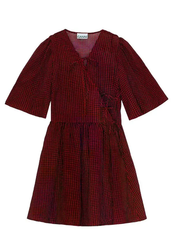 GANNI Gingham Check Mini Wrap Dress - Red