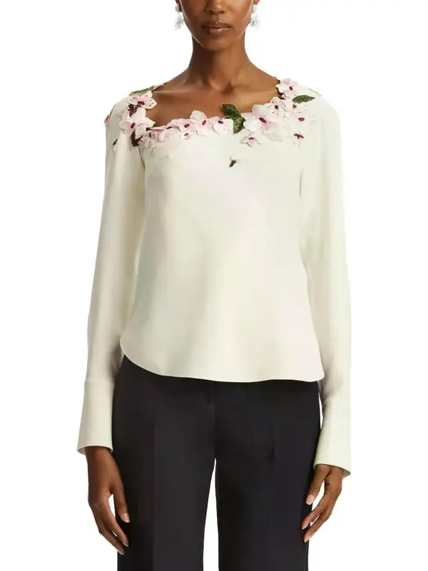 Oscar De La Renta Floral-embellished Long-sleeve Blouse - Neutrals