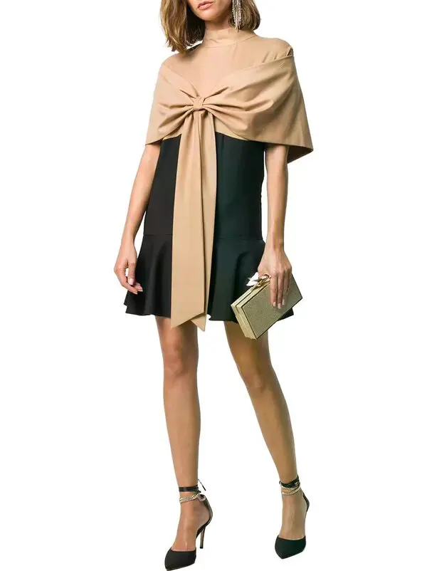 ATU BODY COUTURE And Beige High Neck Bow Front Dress With Shawl Detail - Black