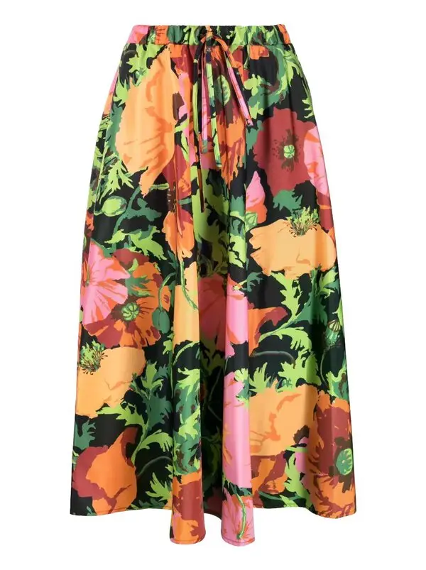 La DoubleJ Floral Print A-line Midi Skirt - Black