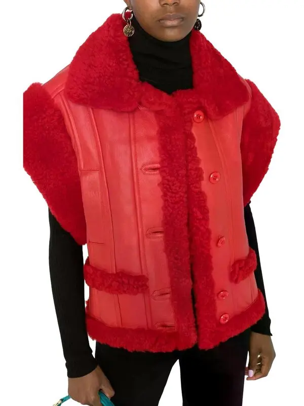 Philipp Plein Shearling Trimmed Leather Vest - Red
