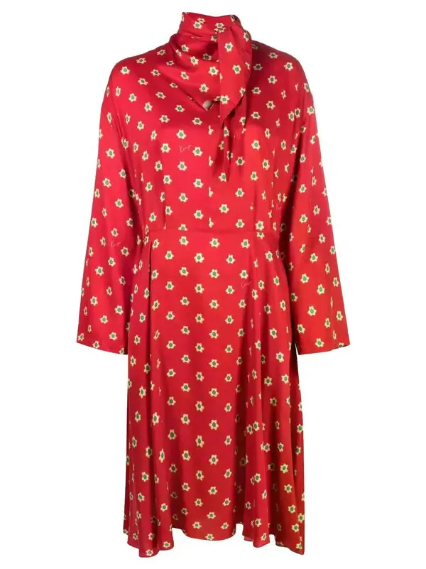 Kenzo Floral Pleated Midi Dress - Red