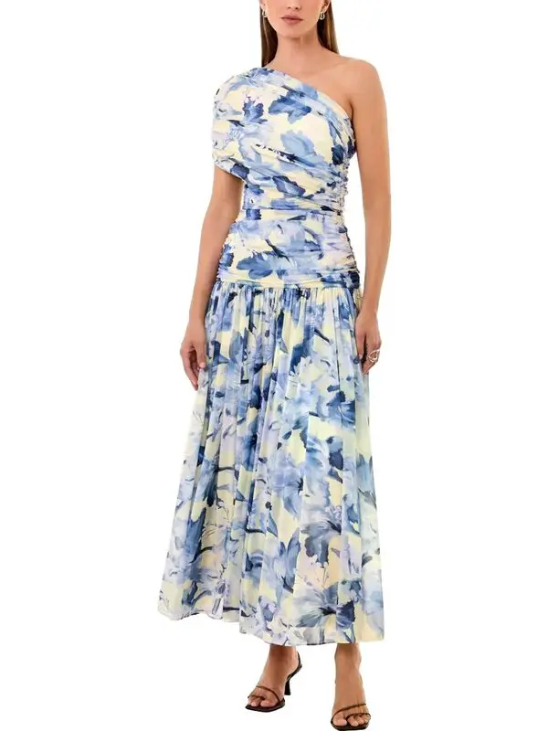 NICHOLAS Gaia One-shoulder Draped Midi Dress - Blue