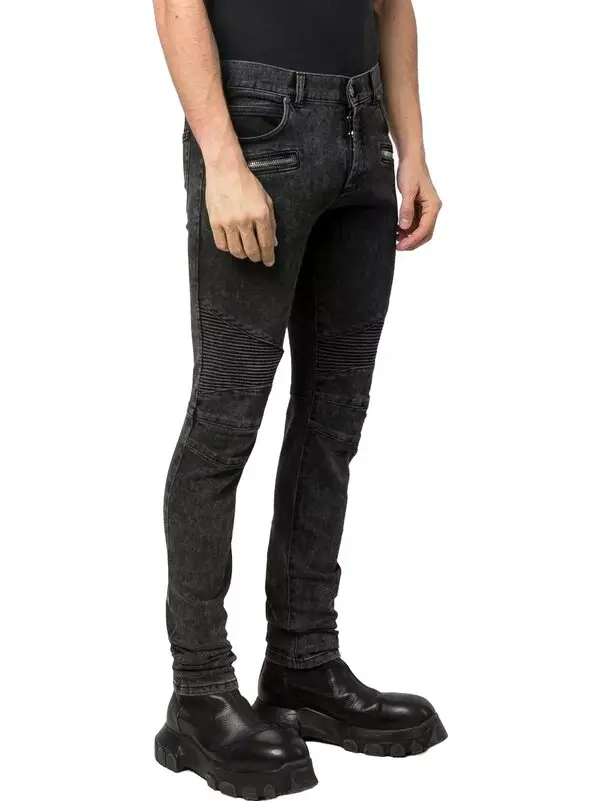 Balmain Ribbed Slim-cut Bleached Jeans - Black