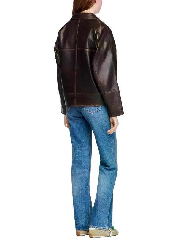 Sandro Oversized Lambskin Leather Jacket With Suit-style Collar - Brown