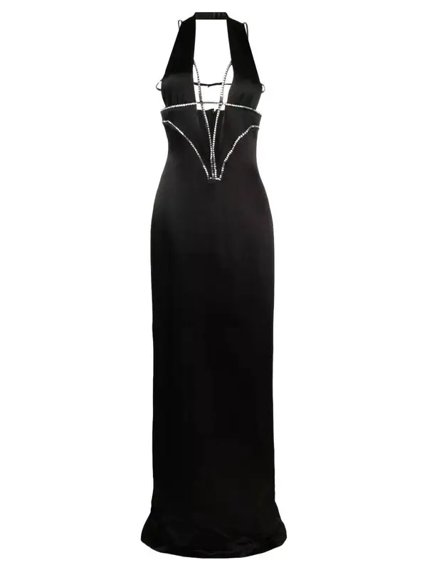 GENNY Embellished Plunge Halterneck Maxi Dress - Black