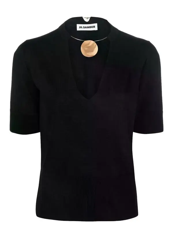 JIL SANDER Virgin Wool Plunging V-neck Short-sleeve Top With Gold-tone Hardware - Black