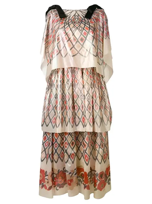 Fendi Geometric Print Tiered Maxi Dress With Cape - Neutrals