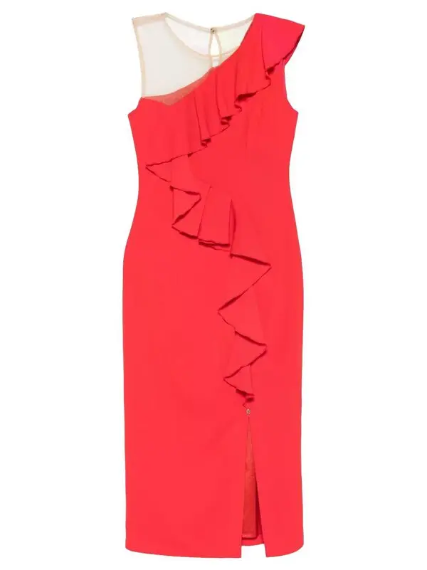 NISSA Ruffled One-shoulder Midi Dress - Red