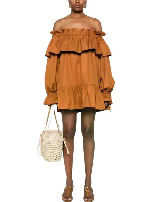 Saint Laurent Off-shoulder Ruffled Mini Dress - Brown