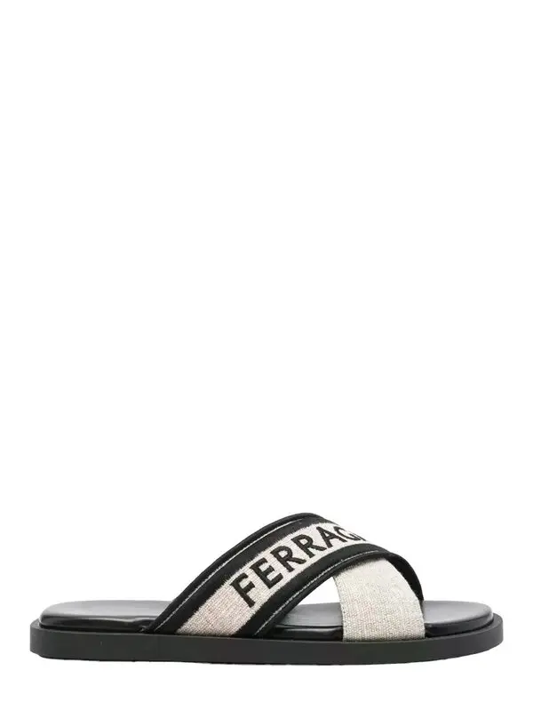 FERRAGAMO Embroidered Crossover Strap Flat Sandals - Black