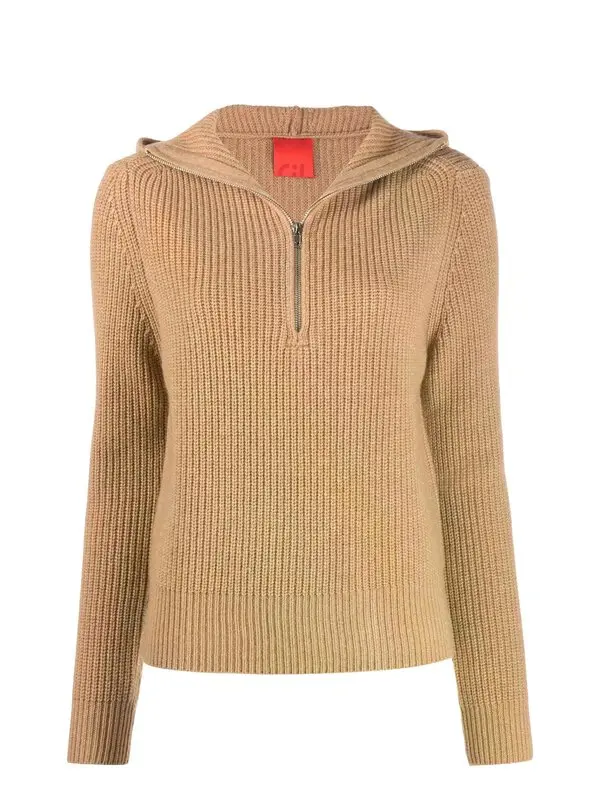Cashmere In Love Ribbed Knit Zip-up Hoodie - Brown