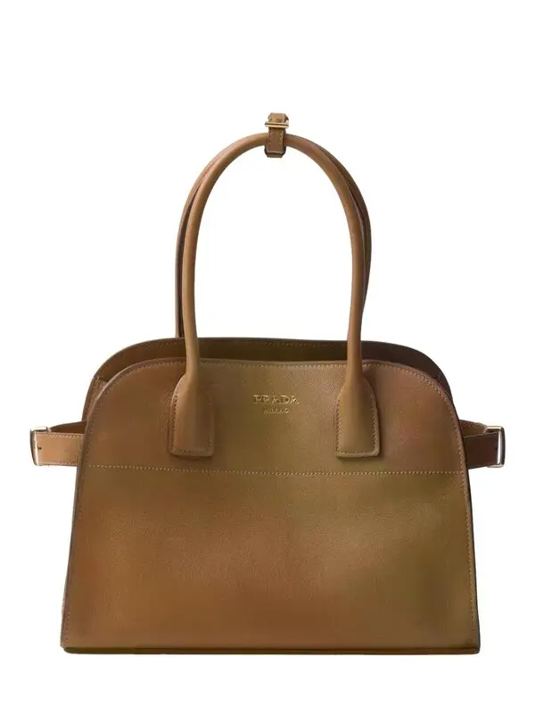 Prada Calf Leather Medium Tote Bag With Logo Lettering - Brown