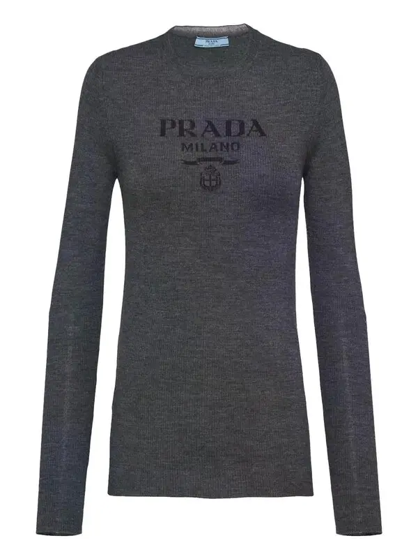 Prada Logo Intarsia Wool Jumper - Grey