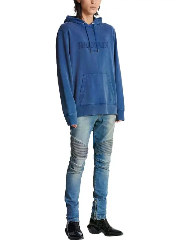 Balmain Embroidered-logo Hoodie - Blue