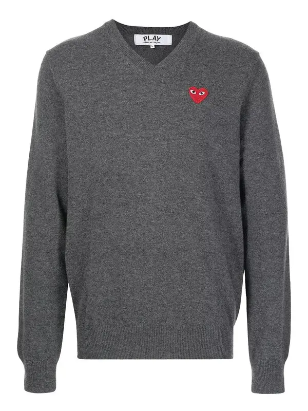 Play Comme Des Garcon V-neck Knitted Heart Jumper - Grey