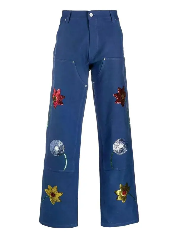 SKY HIGH FARM WORKWEAR Sequin Embellished Cotton Trousers - Blue