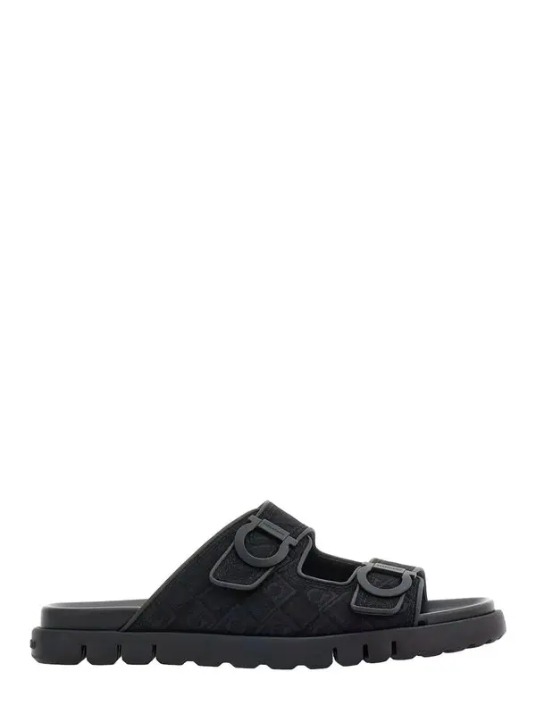 FERRAGAMO Gancini Jacquard Slip-on Sandals - Black