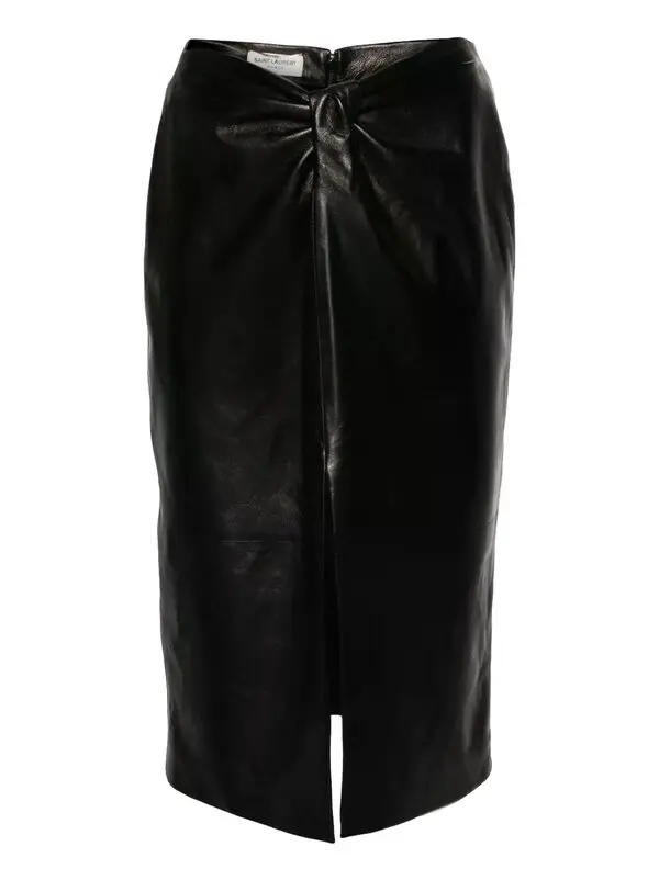 Saint Laurent Gathered Leather Midi Skirt - Black