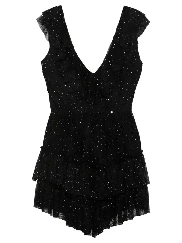 NISSA Lace Mini Dress With Rhinestone Embellishment - Black