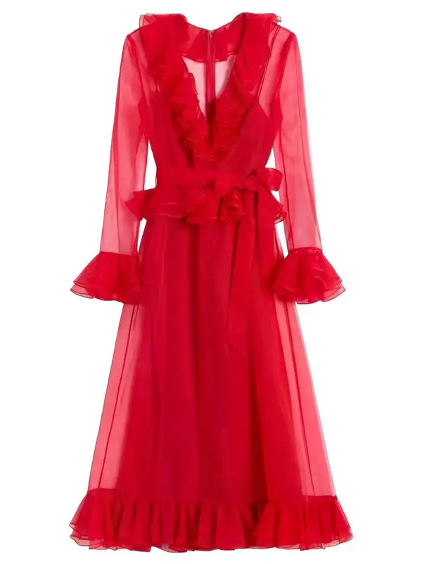 Valentino Garavani Organza Midi Dress With Ruffled Trim And Belted Waist - Red