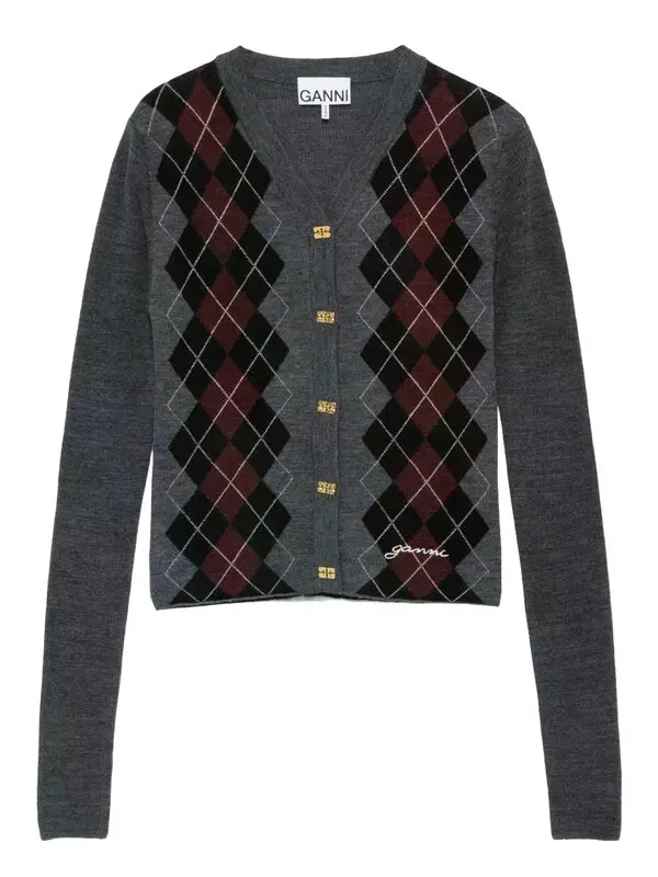 GANNI Argyle Knit Cardigan - Grey