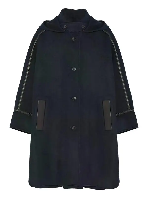 YVES SALOMON Cashmere Blend Hooded Cape With Leather Trim - Blue